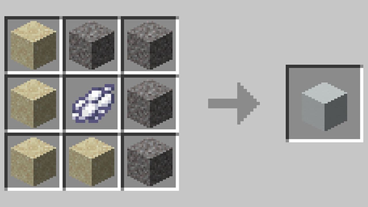 Minecraft concrete recipe: Craft white & colored powder into solid blocks